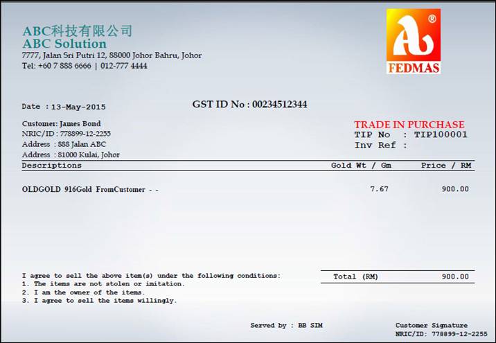 2. TradeIn Purchase (Customer buy and pays partiallywith oldgold )